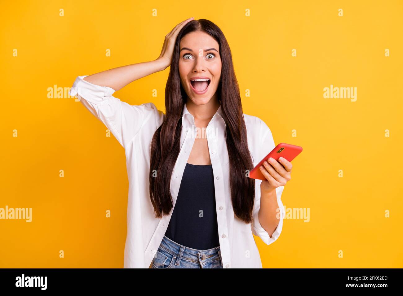 Portrait of positive impressed person arm on head open mouth speechless ...