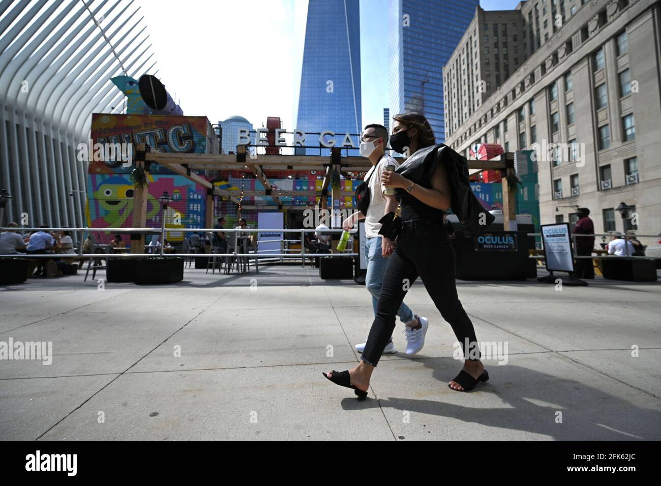 New York, USA. 28th Apr, 2021. Exterior view of the Oculus Beer Garden ...