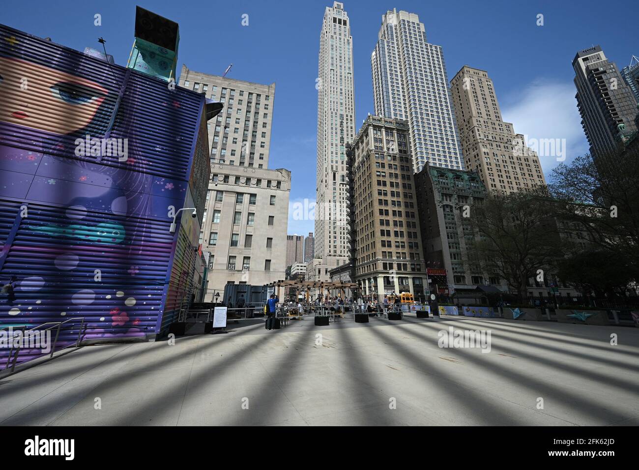 New York, USA. 28th Apr, 2021. Exterior view of the Oculus Beer Garden ...
