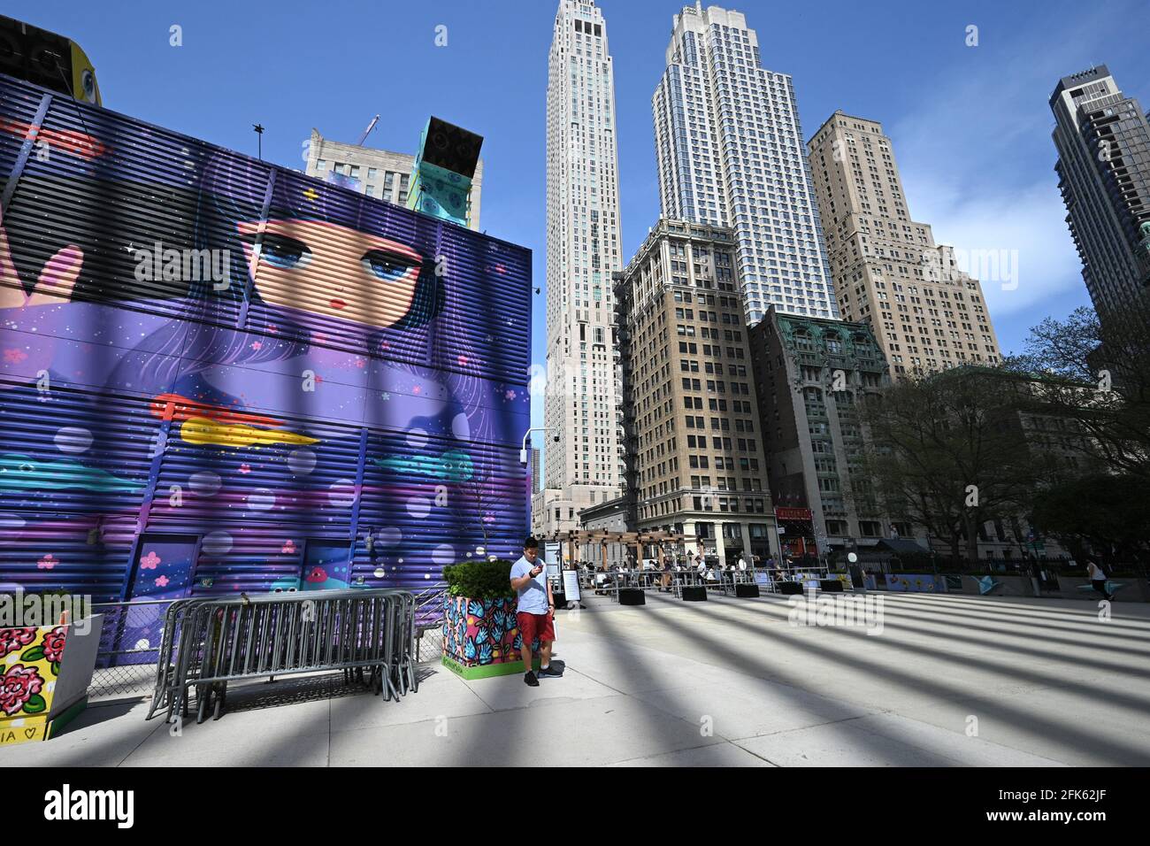 New York, USA. 28th Apr, 2021. Exterior view of the Oculus Beer Garden ...