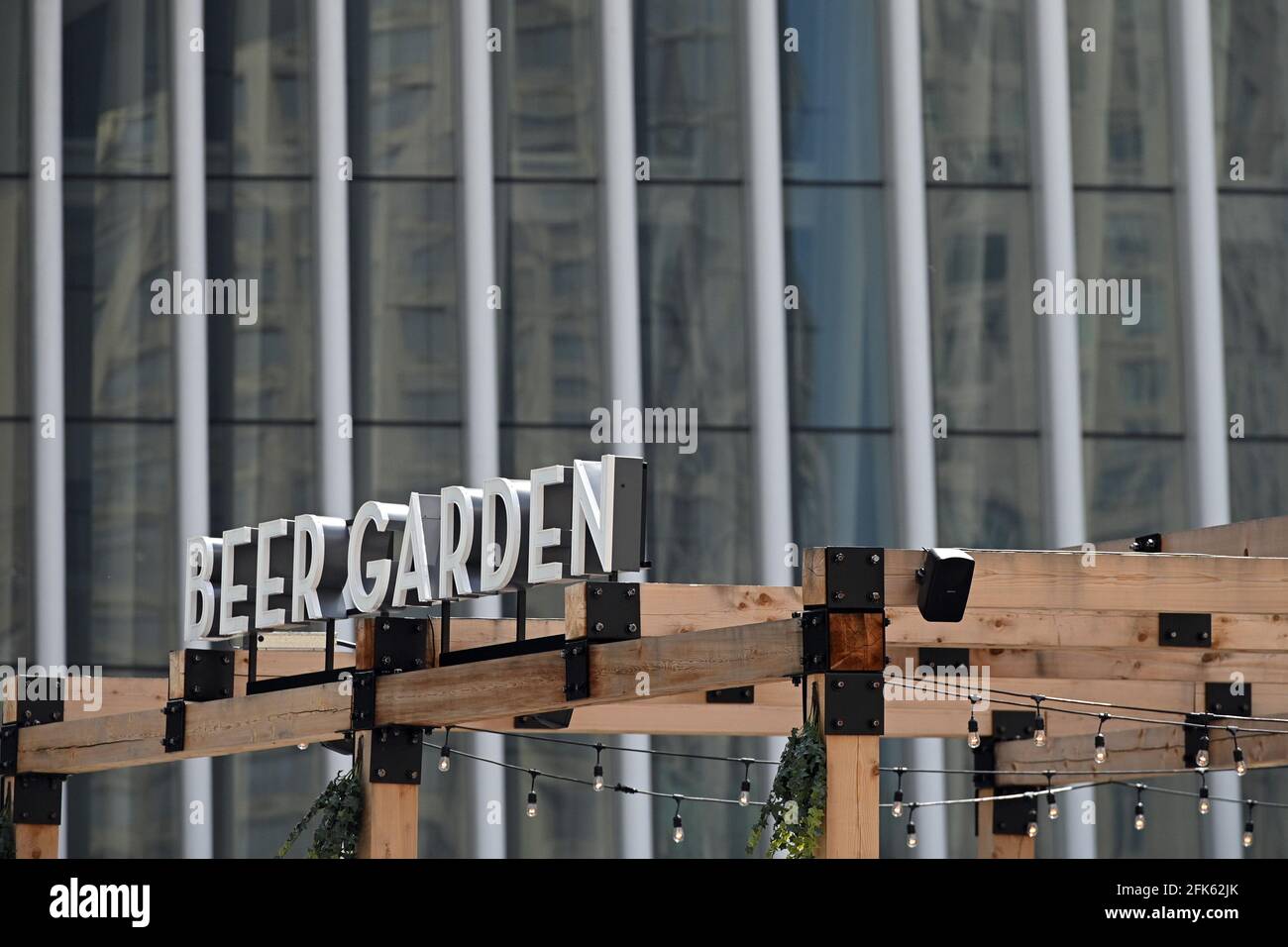 New York, USA. 28th Apr, 2021. Exterior view of the Oculus Beer Garden ...