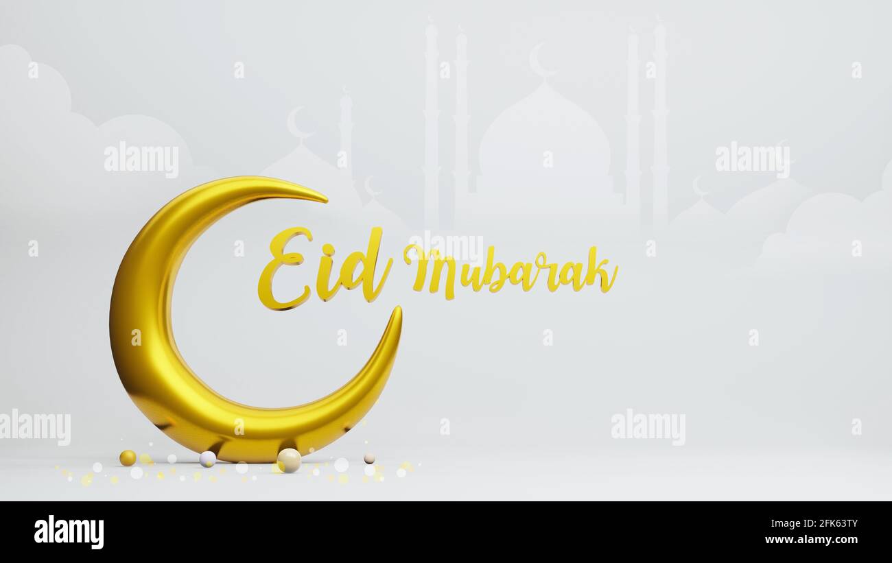 Crescent moon symbol of islam with Eid mubarak Alphabet , 3d rendering ...