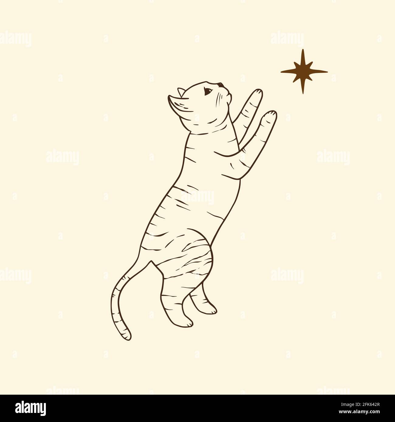 Celestial cute jumping cat sacred astrology boho esoteric line art ...