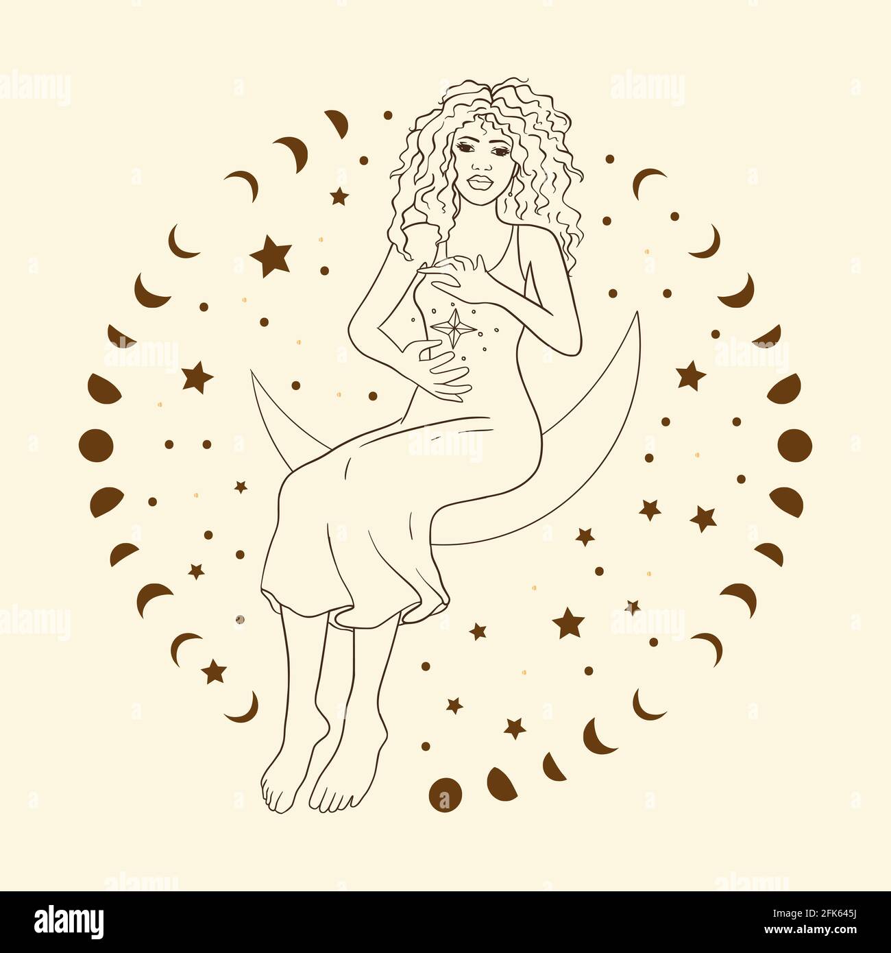 Astrology woman round card. Celestial sacred boho lady line art ...