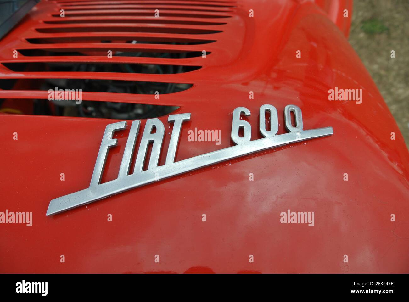 The engine badge of a 1967 Fiat 600 parked up on display at the English ...