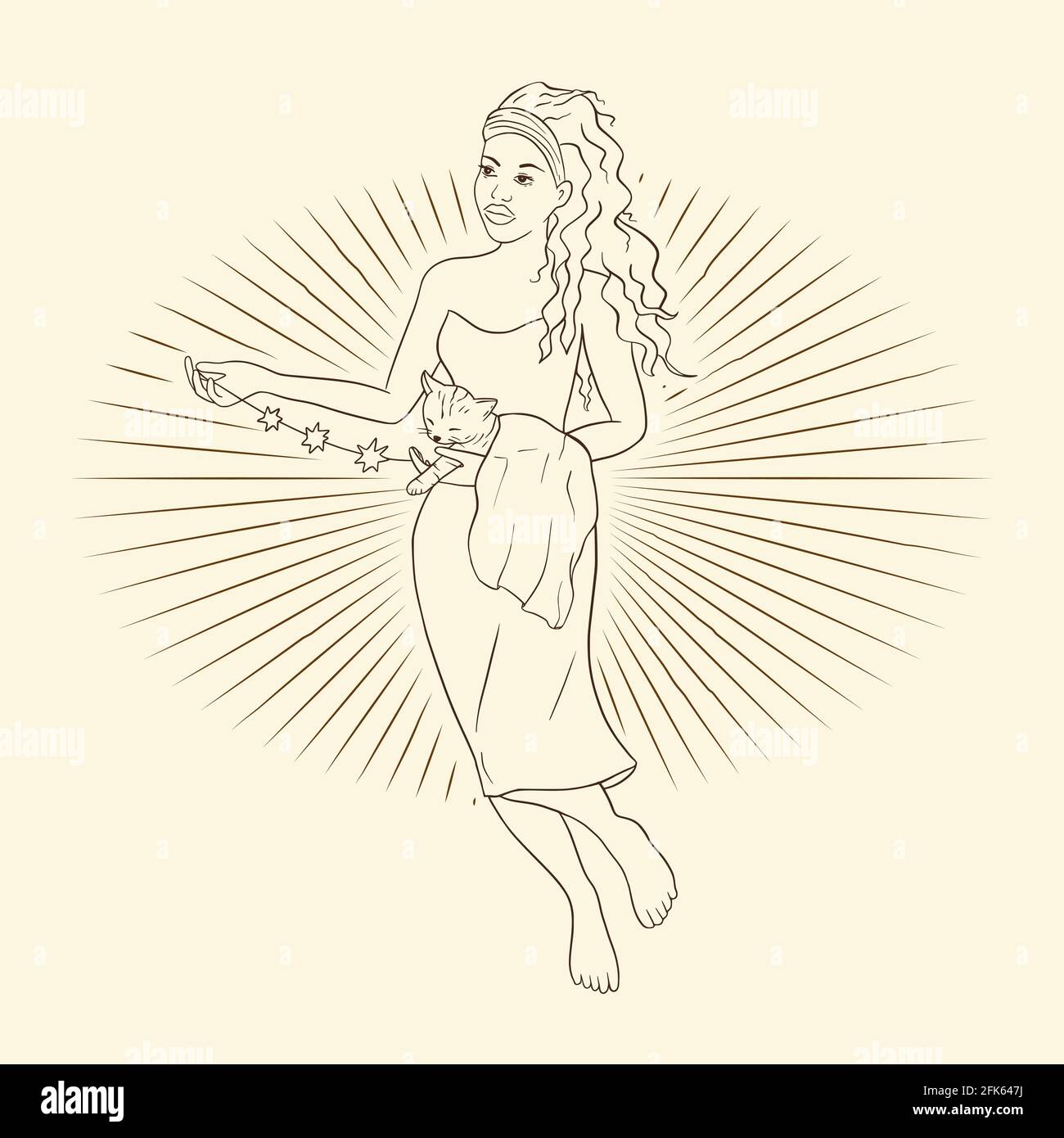 Card astrology woman poster. Celestial sacred boho lady line art ...