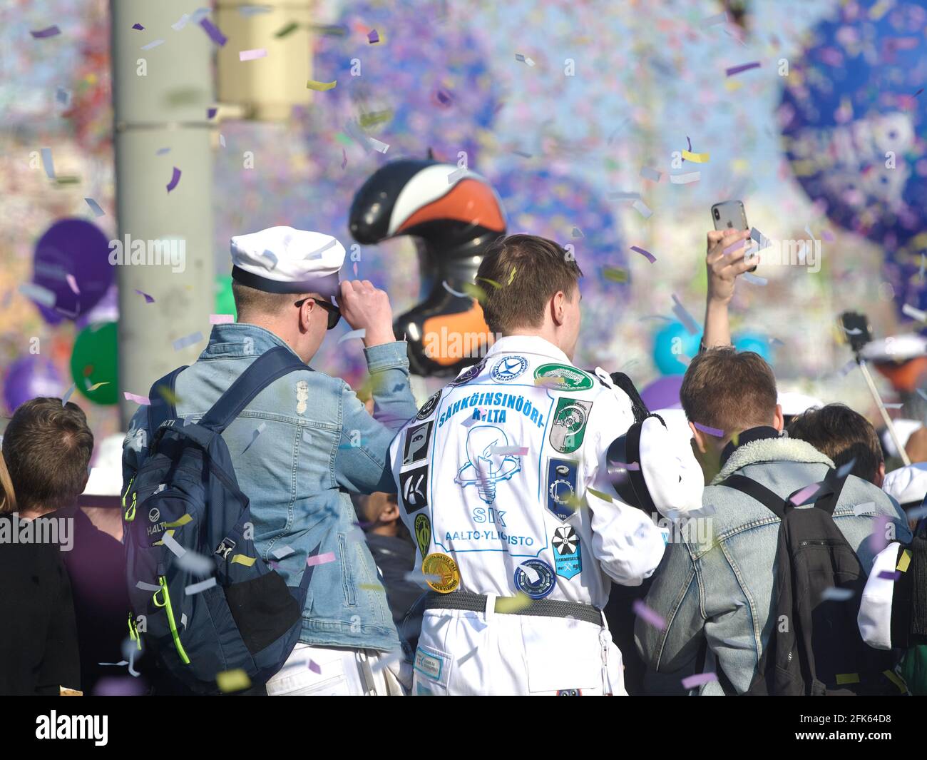 Helsinki, Finland - April 30, 2019: People celebrating placement of the ...