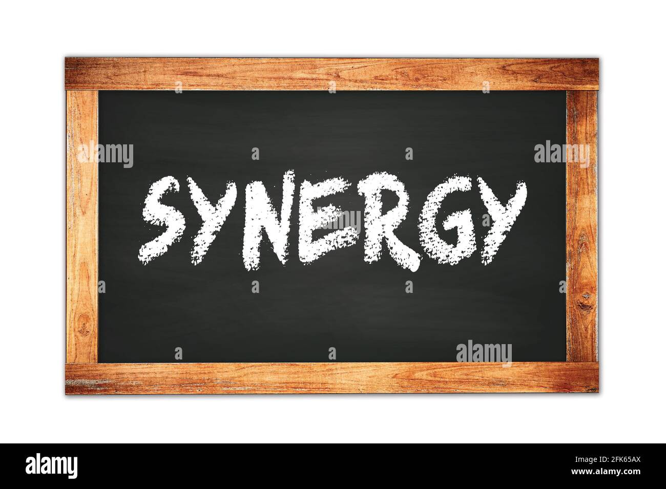 SYNERGY text written on black wooden frame school blackboard Stock ...