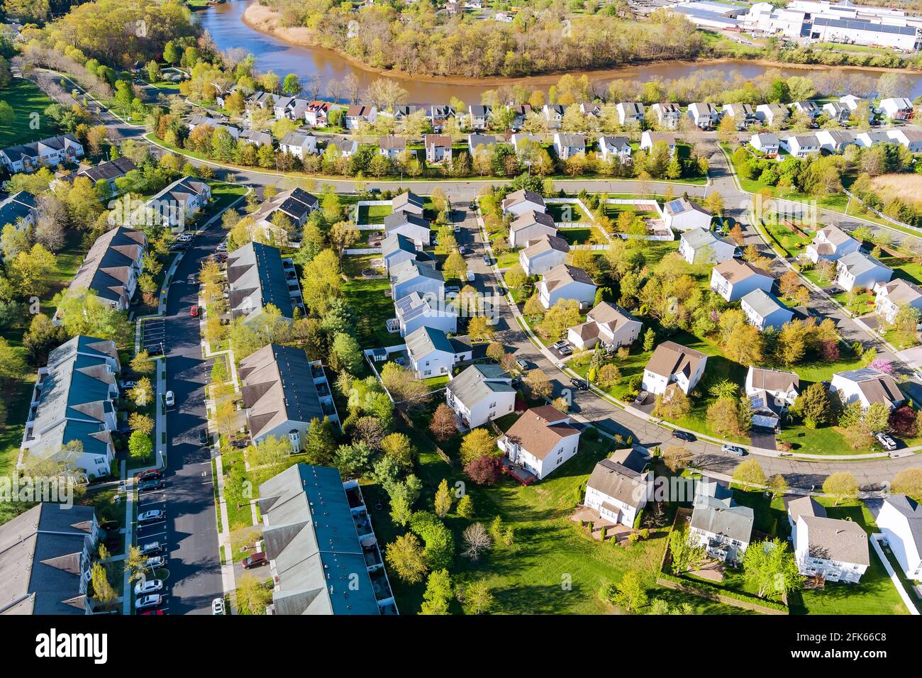 View of small town neighborhood with landscape roofs of houses Stock ...