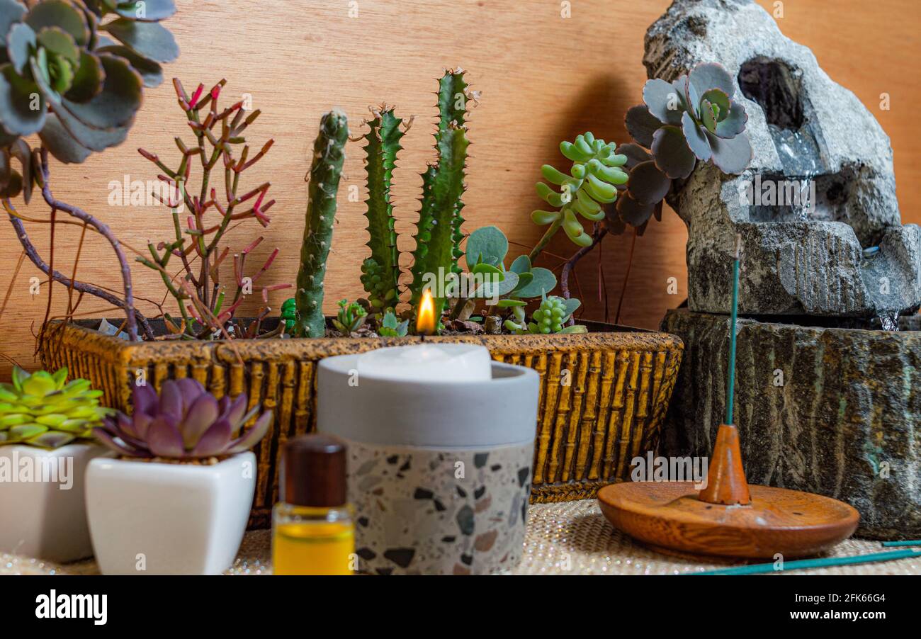 Relaxing home shrine with objects for relaxing and meditation al Stock ...