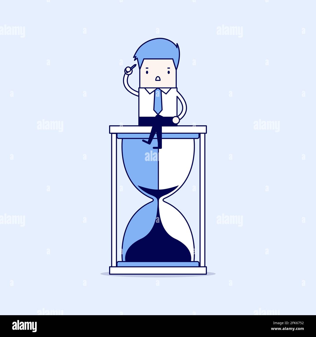 Businessman keeps thinking and sitting on a hourglass, creative thinking. Cartoon character thin ...