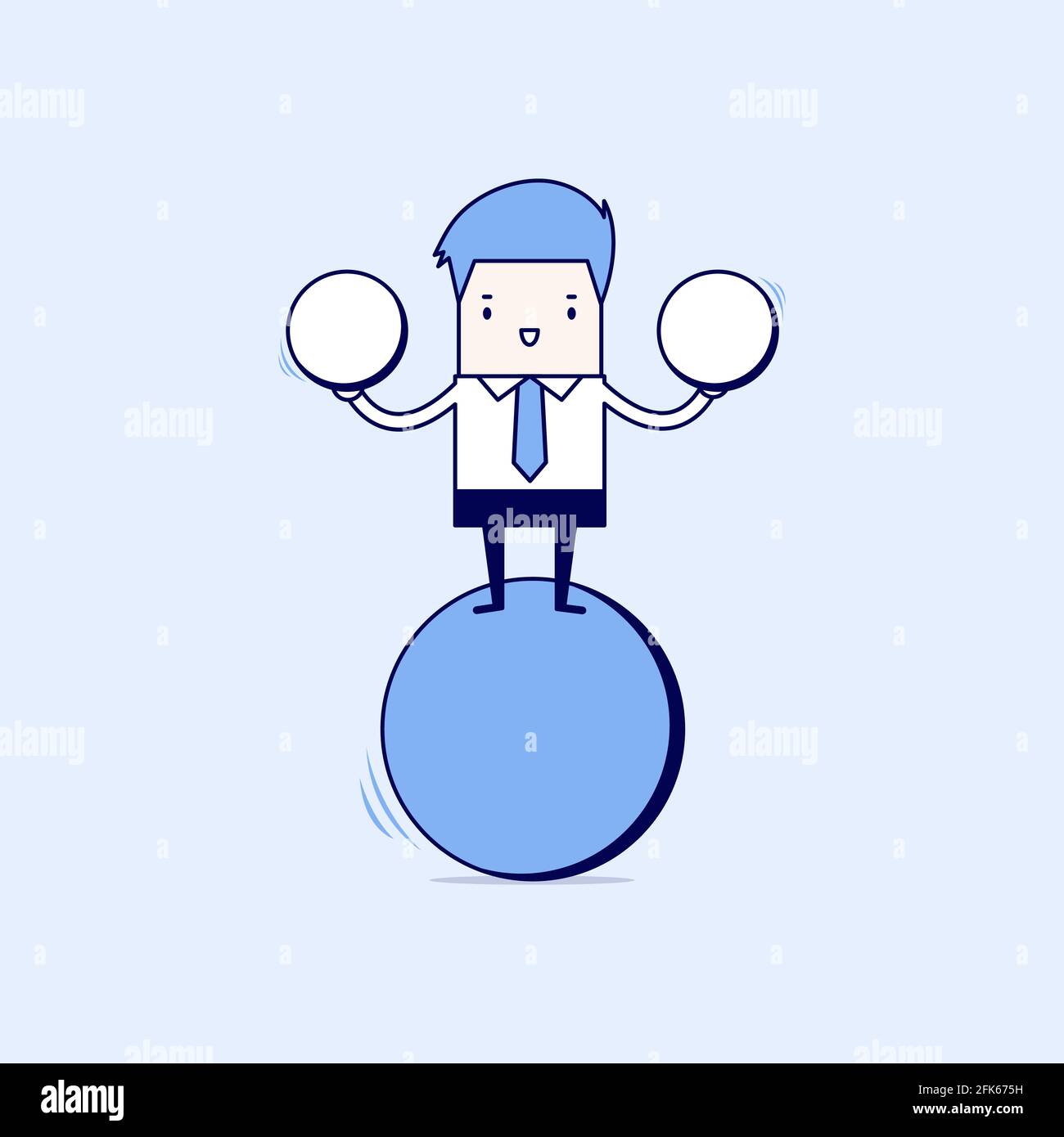Businessman balancing on blue ball holding two spheres. Cartoon ...