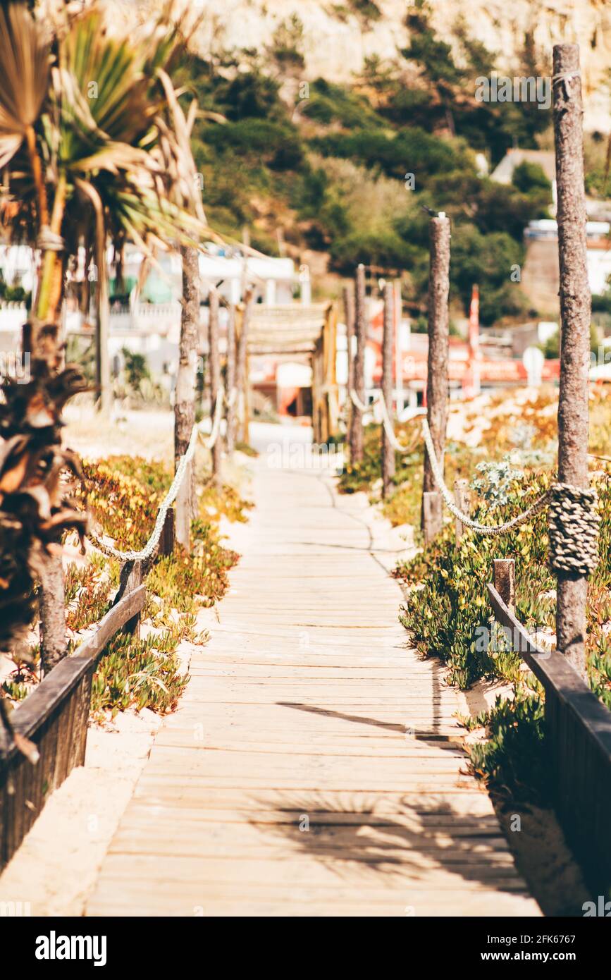 A vertical view of a narrow passageway leading inland from the beach ...