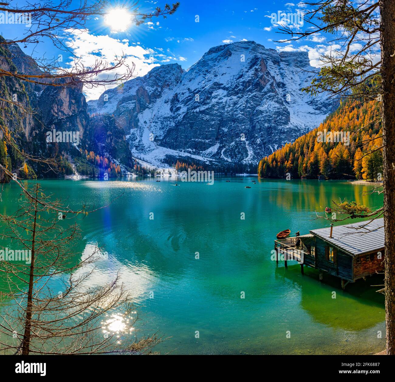 The beautiful Braies lake in late autumn with a little snow, Pearl of ...