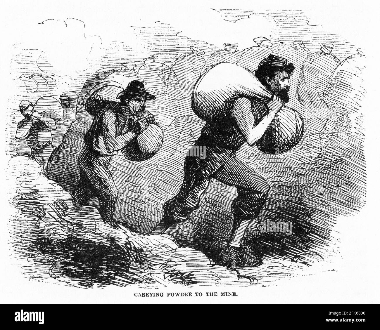 Engraving of men carrying bags of gunpowder to the mine during the ...