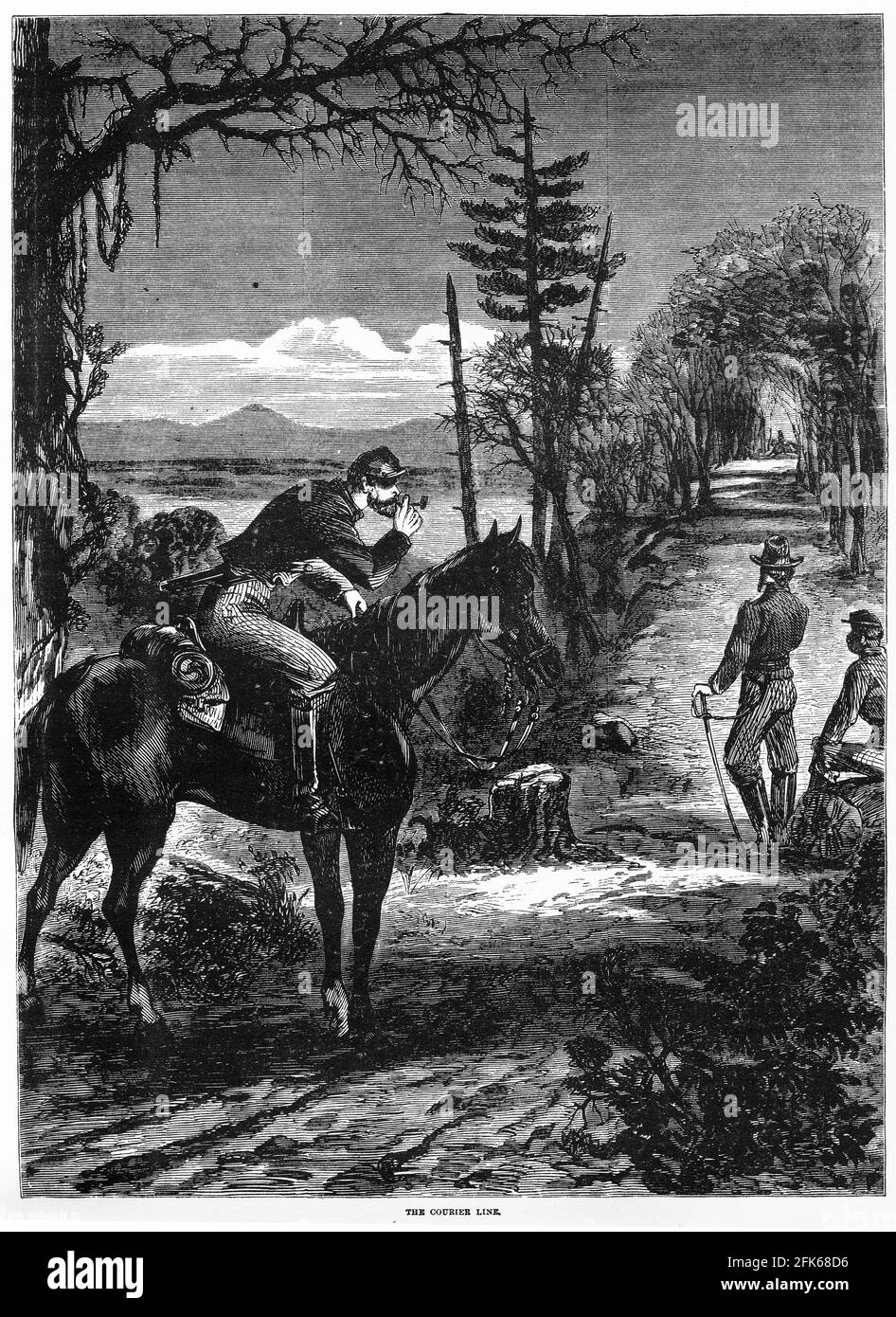 Engraving of a Union courier rider waiting for a message to carry in ...