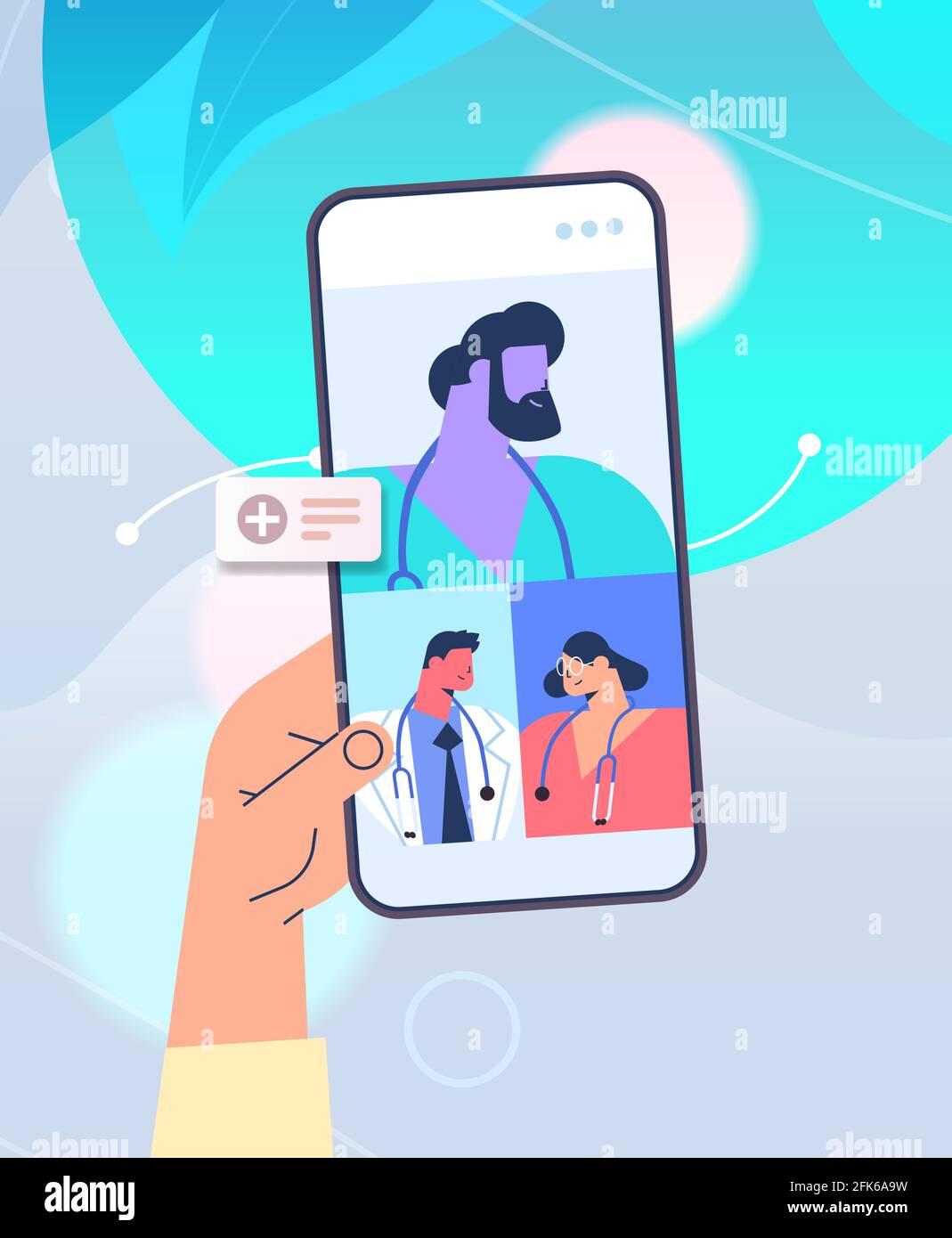 patient discussing with doctors on smartphone screens during video call ...