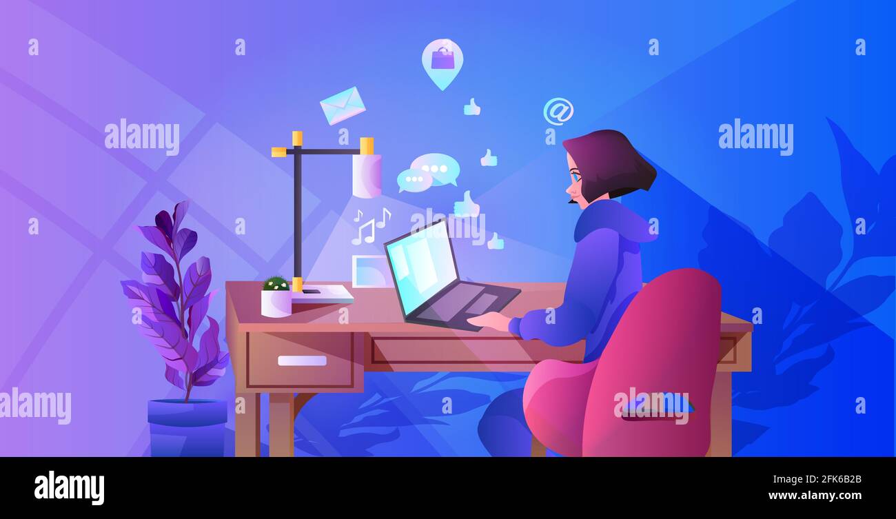 woman sitting at workplace and working on laptop chat bubble ...