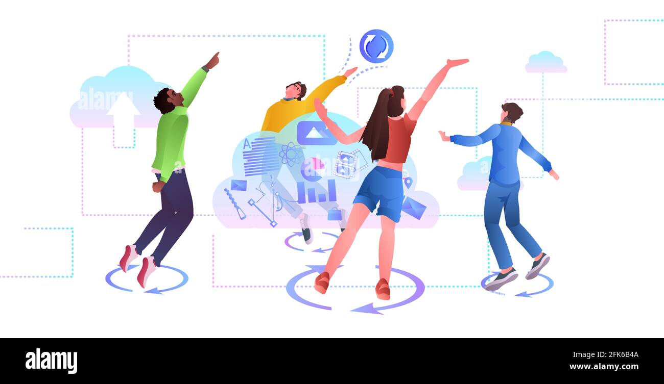 mix race people having fun online social media network cloud syncing data synchronization Stock ...