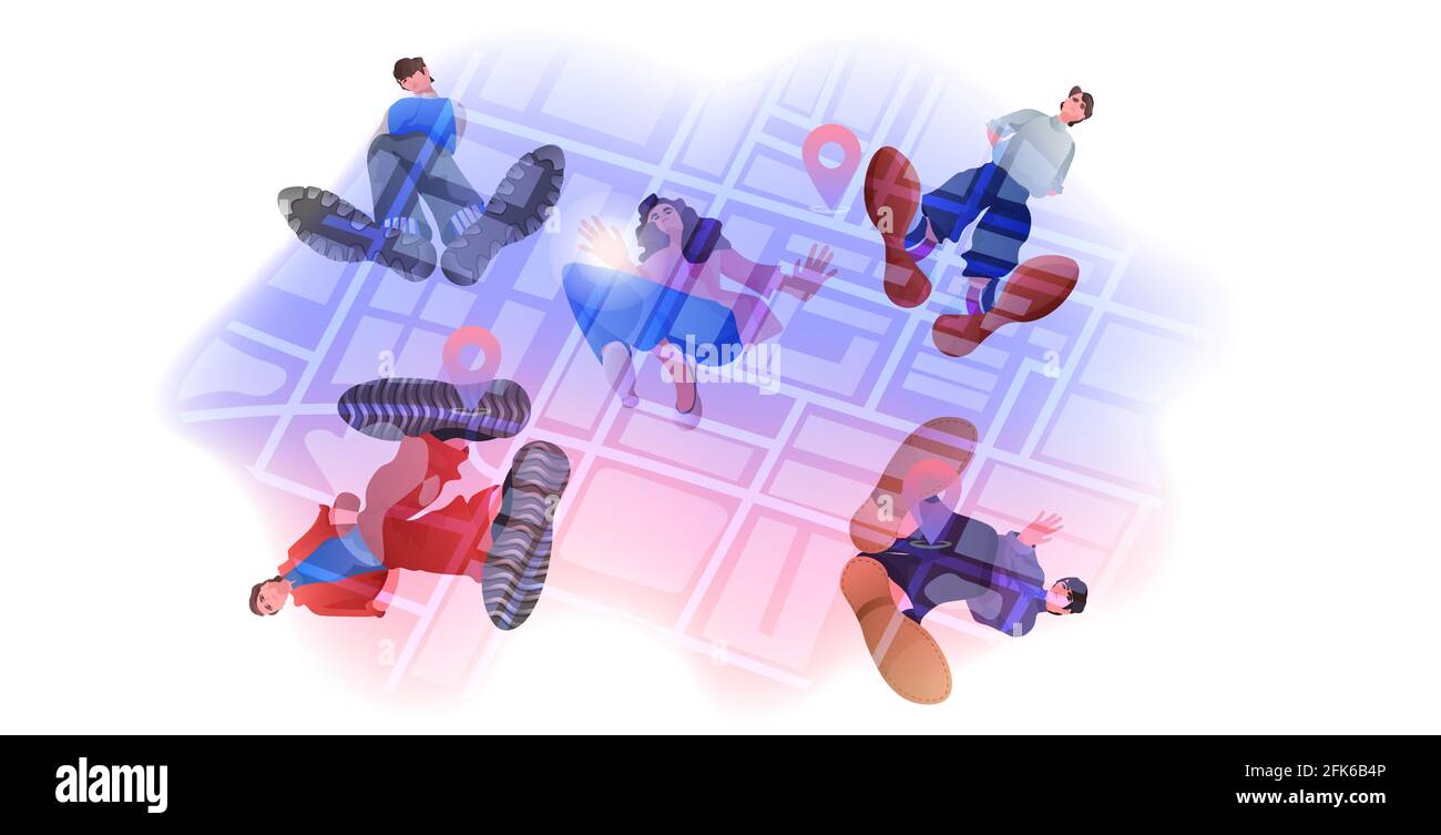 people standing on city map with gps pins geographic location ...