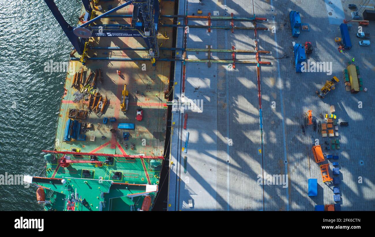 Stockholm Norvik Port, Sweden, 2020-03-18: Aerial view of installing ...