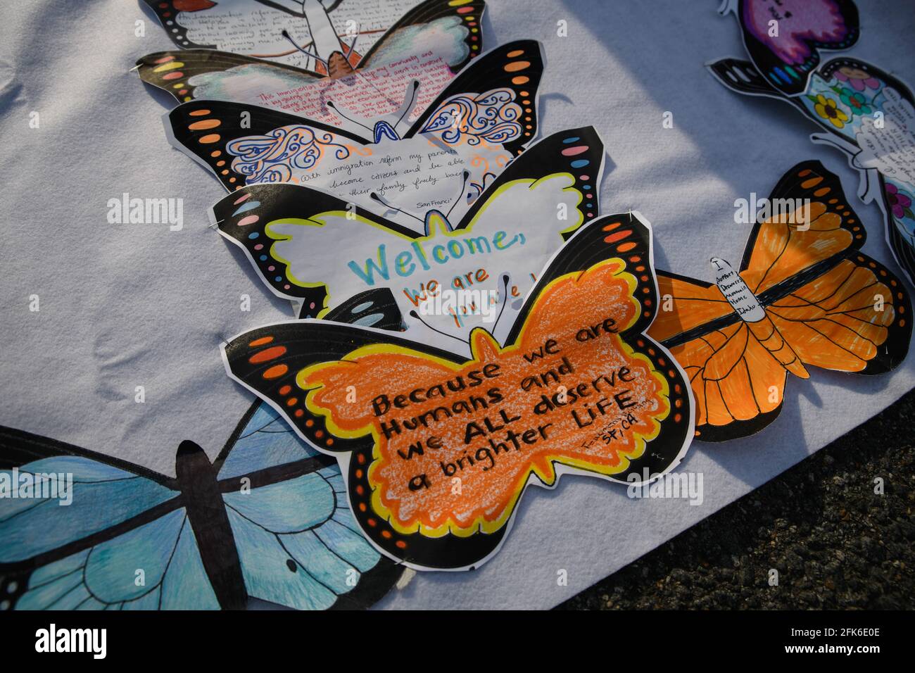 Paper butterflies carry notes written by immigration activists and ...
