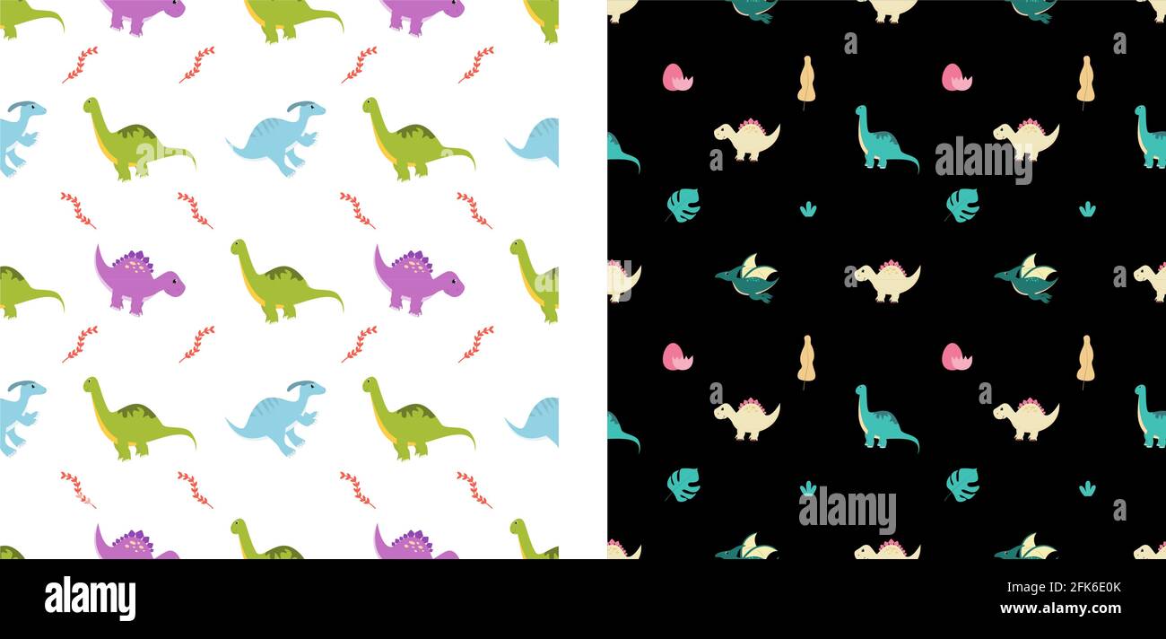 Cute Cartoon Dinosaurs Seamless Pattern as Spinosaurus, Parasaurolophus ...