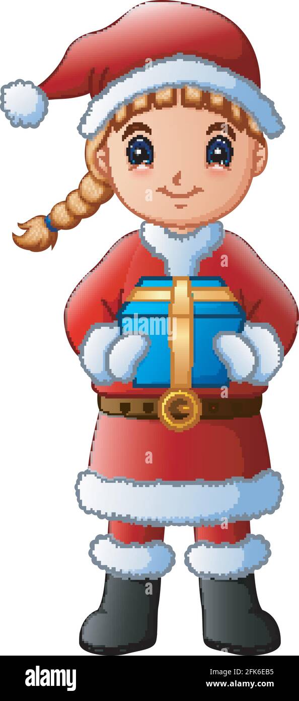 Vector illustration of Cartoon girl in a santa claus costume holding ...