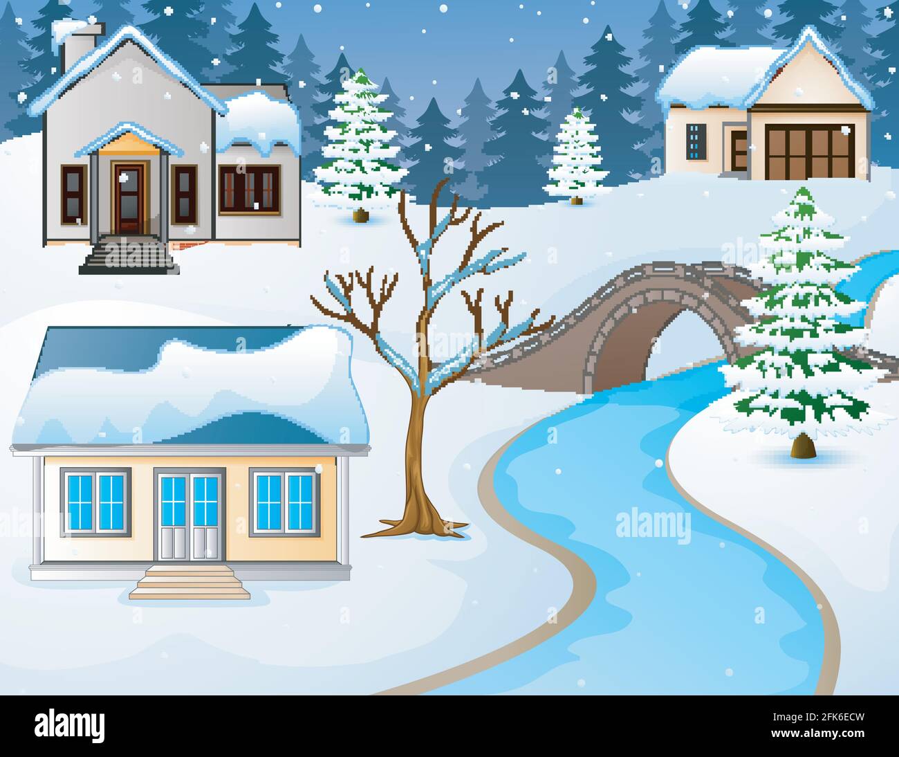 Vector illustration of Cartoon winter rural landscape with houses and ...