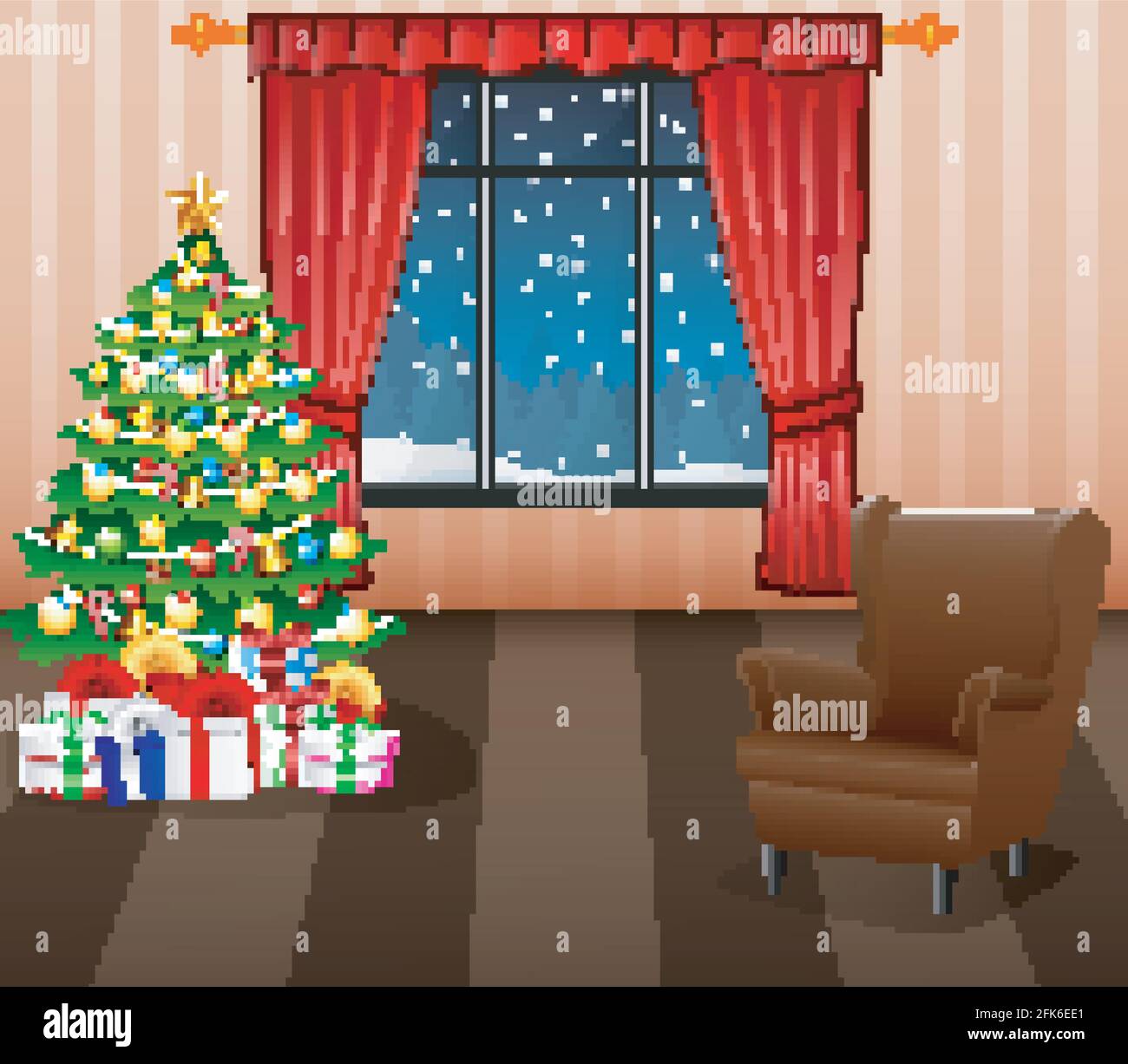 Christmas living room interior with xmas tree, presents and sofa Stock ...