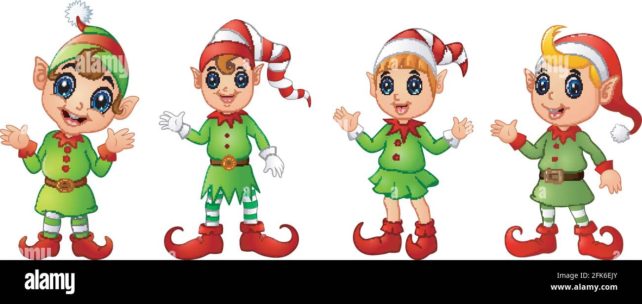 Vector illustration of Four Christmas elves different poses Stock ...