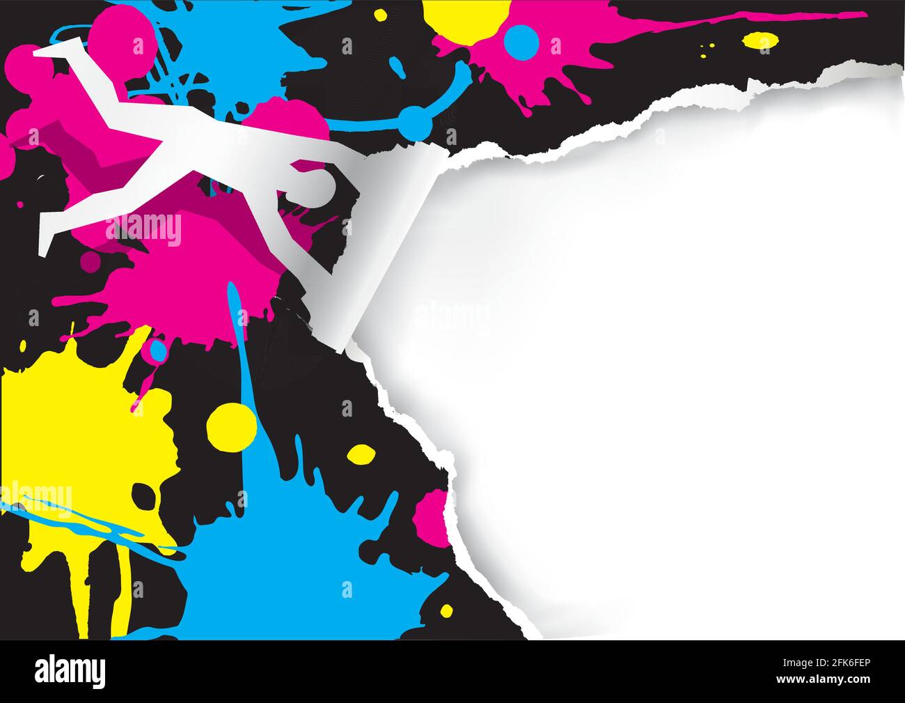 Man blowing in the wind, tearing paper, with print colors splatters ...