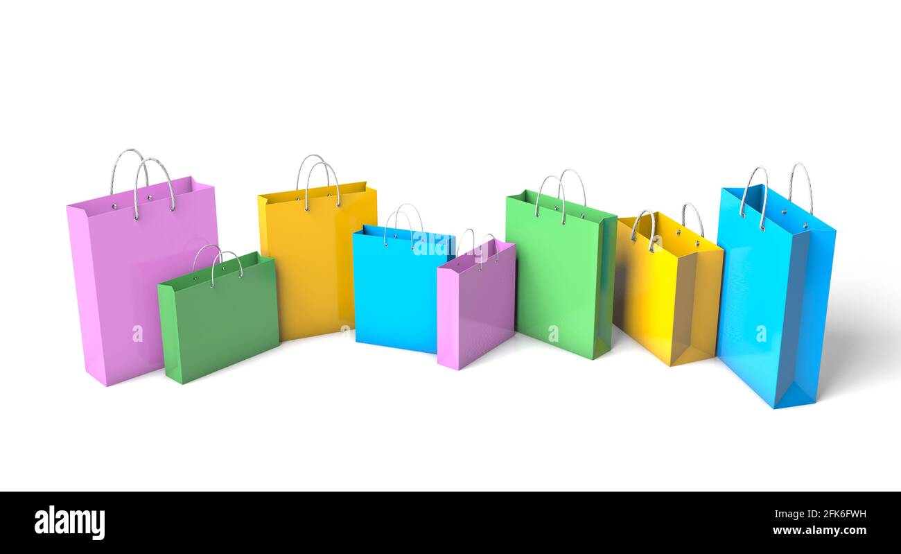 Colored paper shopping bags. isolated on white background. 3d render ...