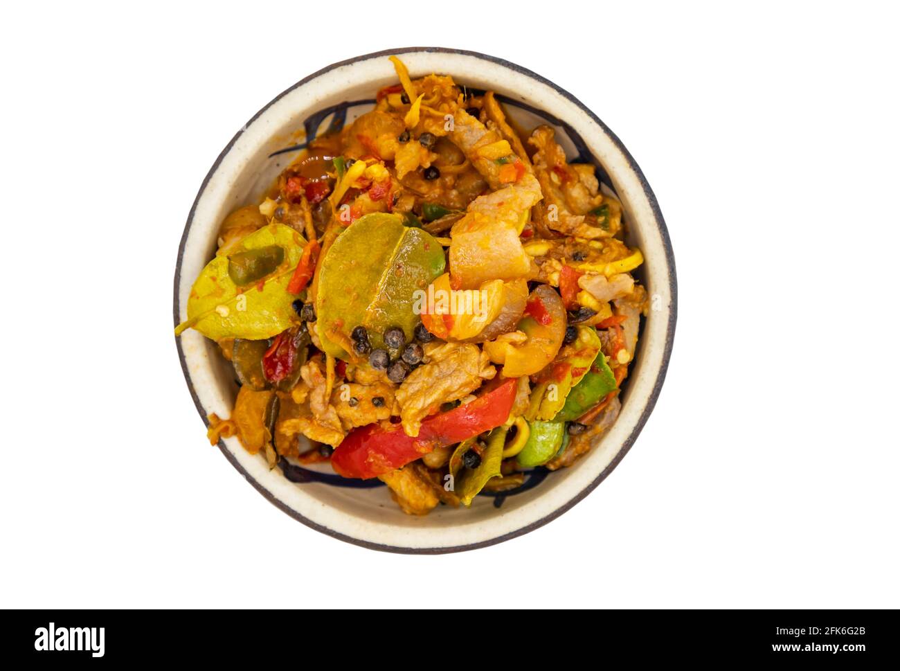 Stir fried spicy wild boar with red chili in White bowl on isolated on ...