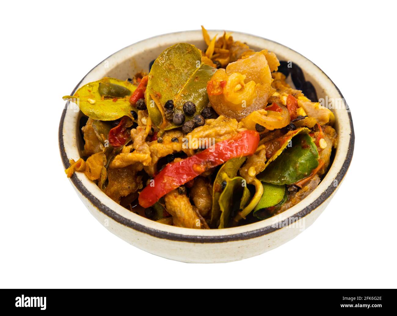 Stir fried spicy wild boar with red chili in White bowl on isolated on ...