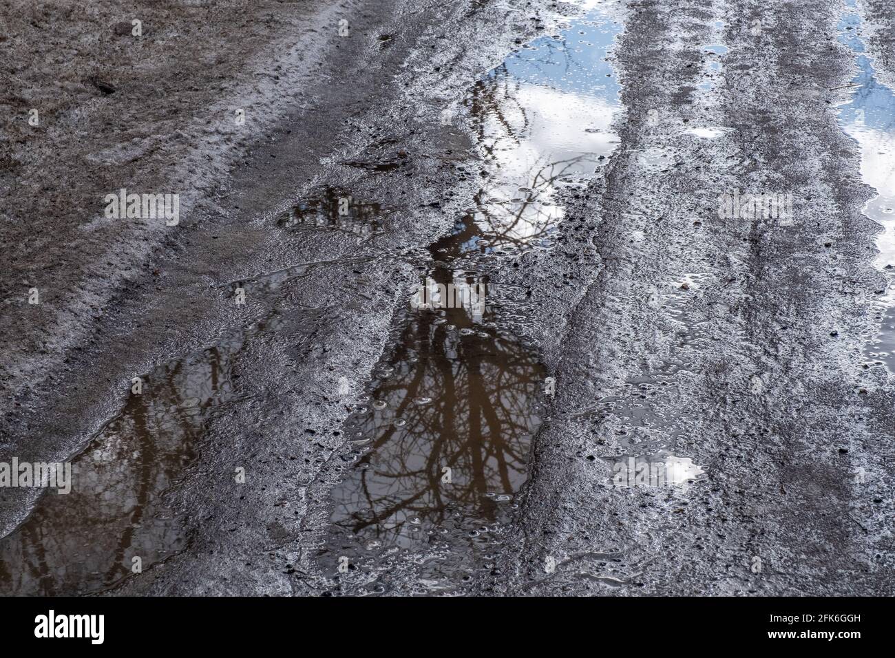 Muddy puddles of water and melting snow on the asphalt road. An ...