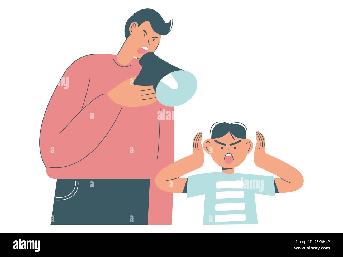 Angry father screaming through megaphone scolding his scared son, flat ...