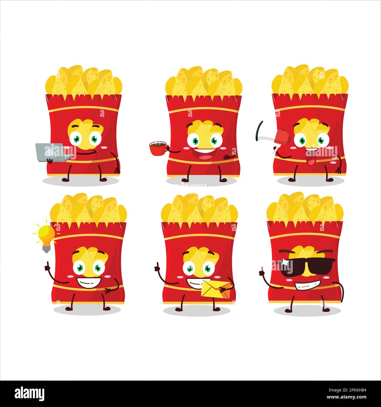 Potato chips cartoon character with various types of business emoticons ...