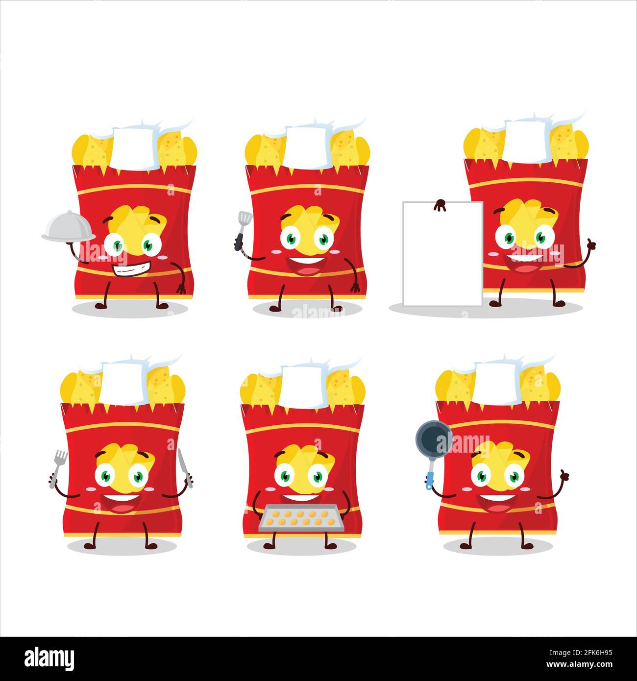 Cartoon character of potato chips with various chef emoticons. Vector ...