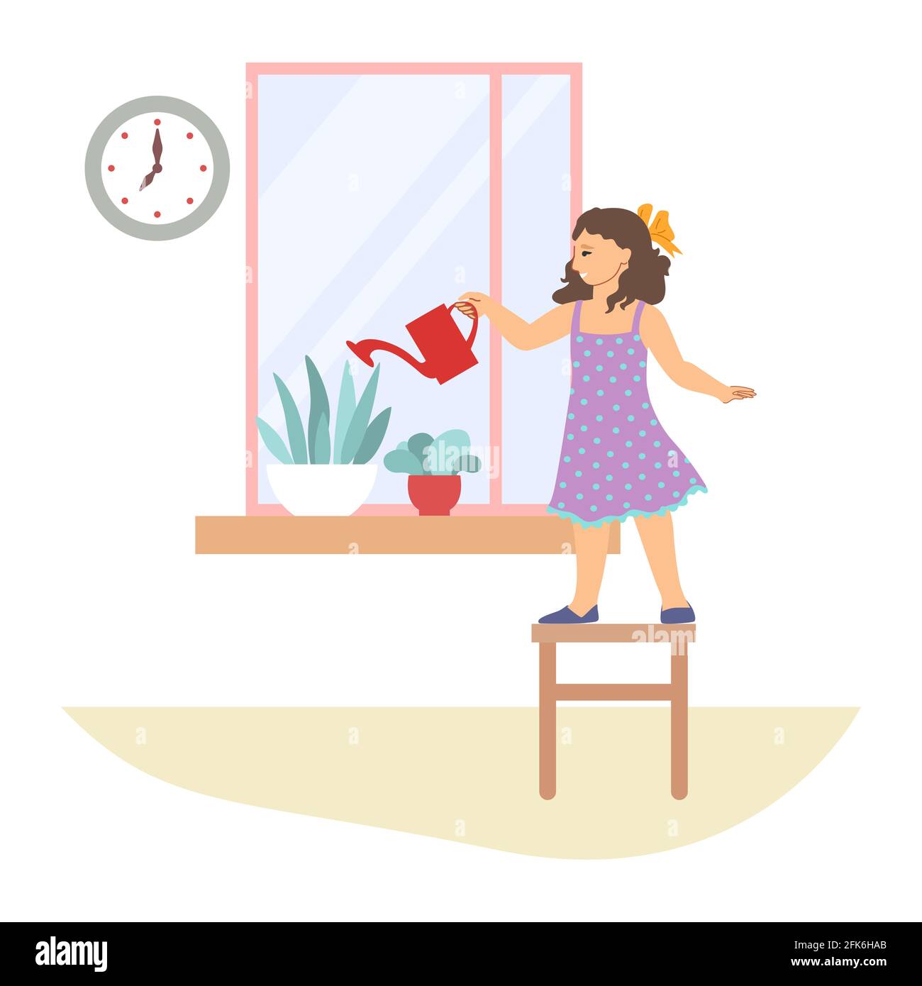 Cute girl watering houseplants, helping parents with cleaning house ...