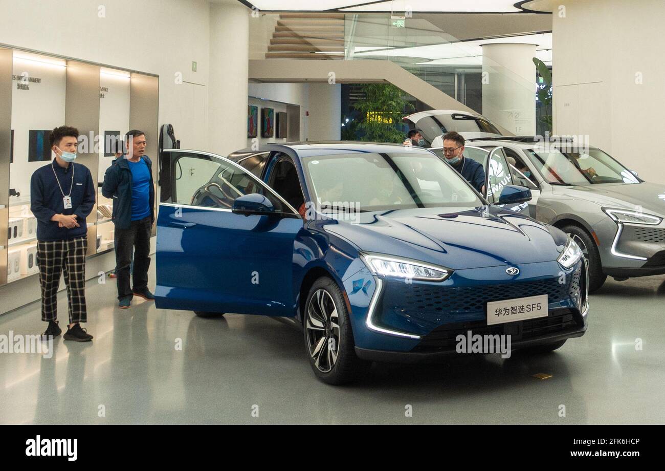 CHENGDU, CHINA - APRIL 28, 2021 - A Huawei smart car is seen at Huawei ...