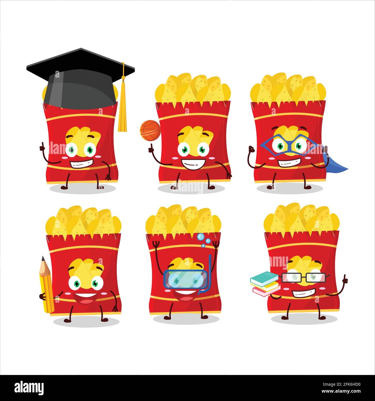 School student of potato chips cartoon character with various ...