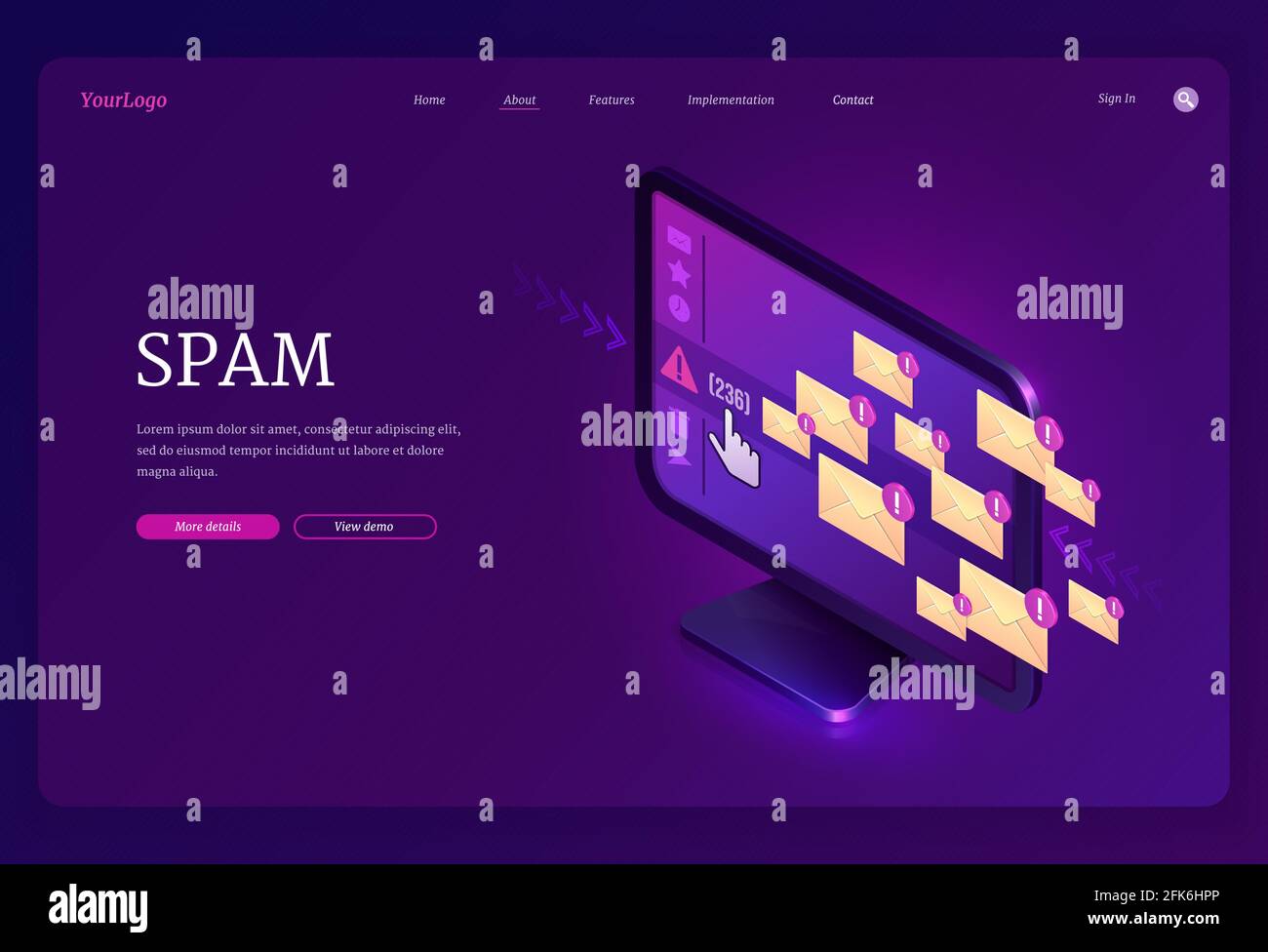 Spam banner. Concept of junk internet messages in mail box, phishing emails and advertising ...