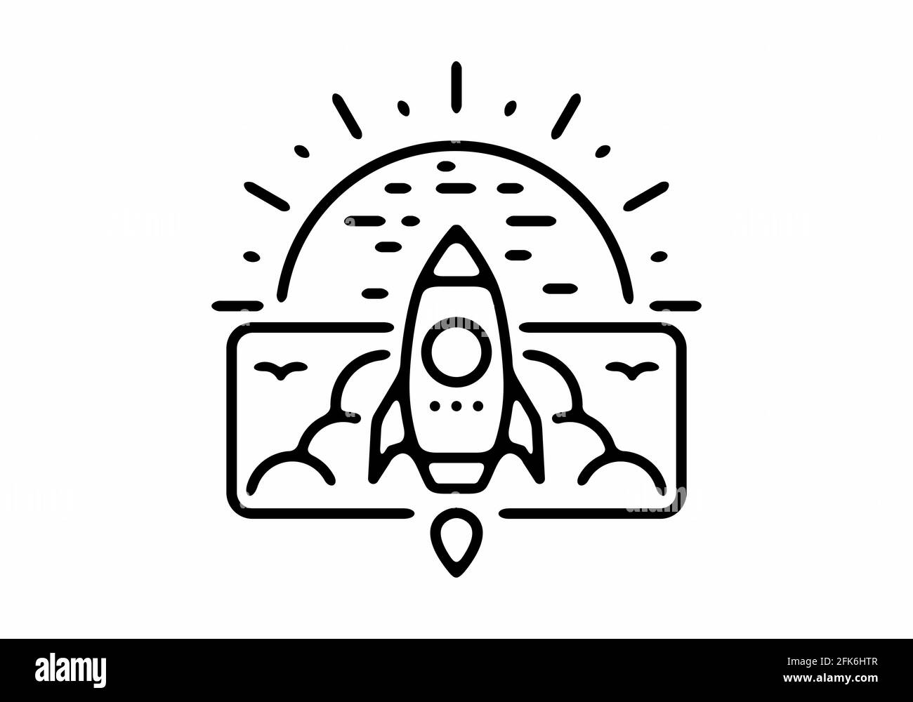 Black line art illustration of flying rocket in rectangle shape design ...