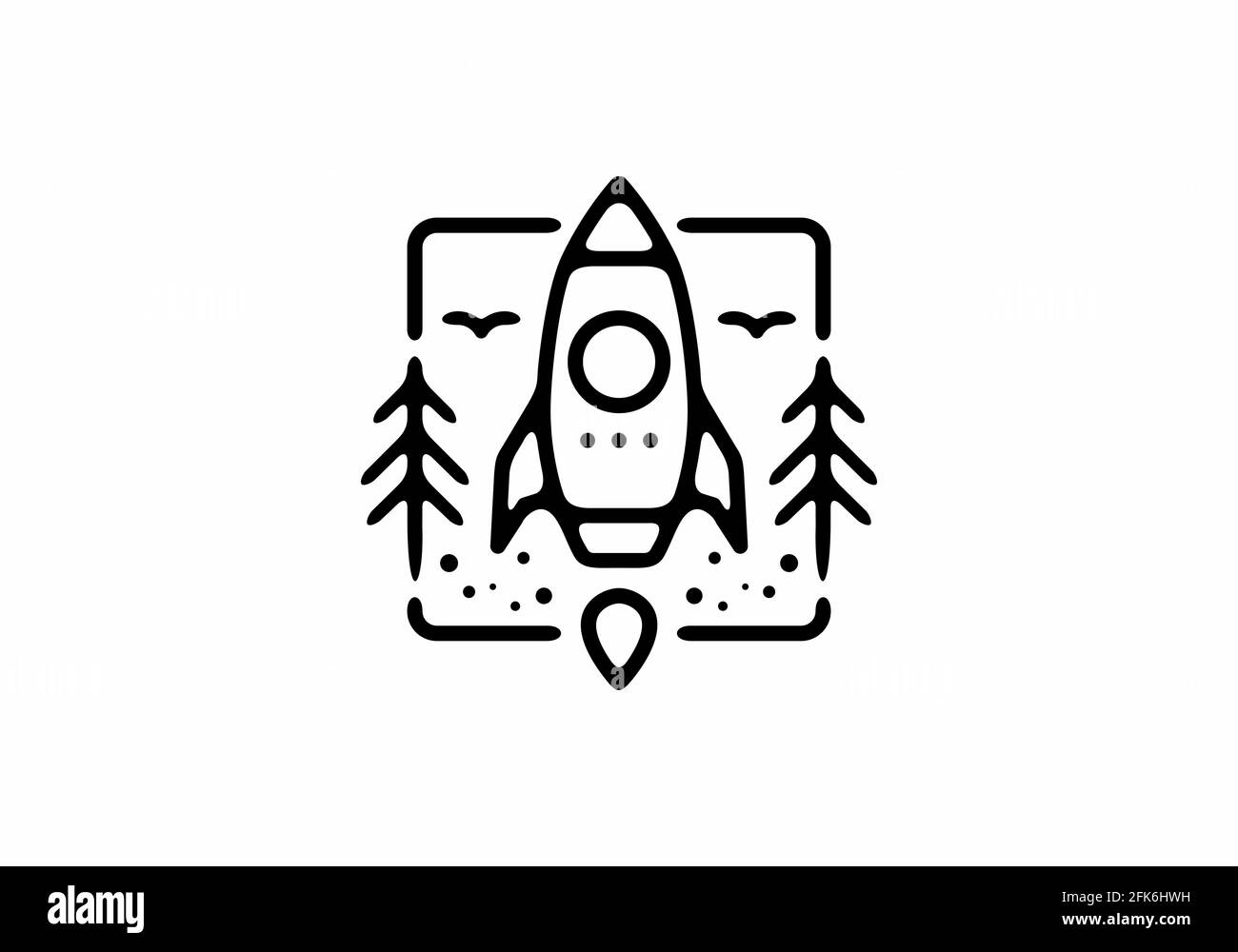 Black line art illustration of flying rocket in square shape design ...