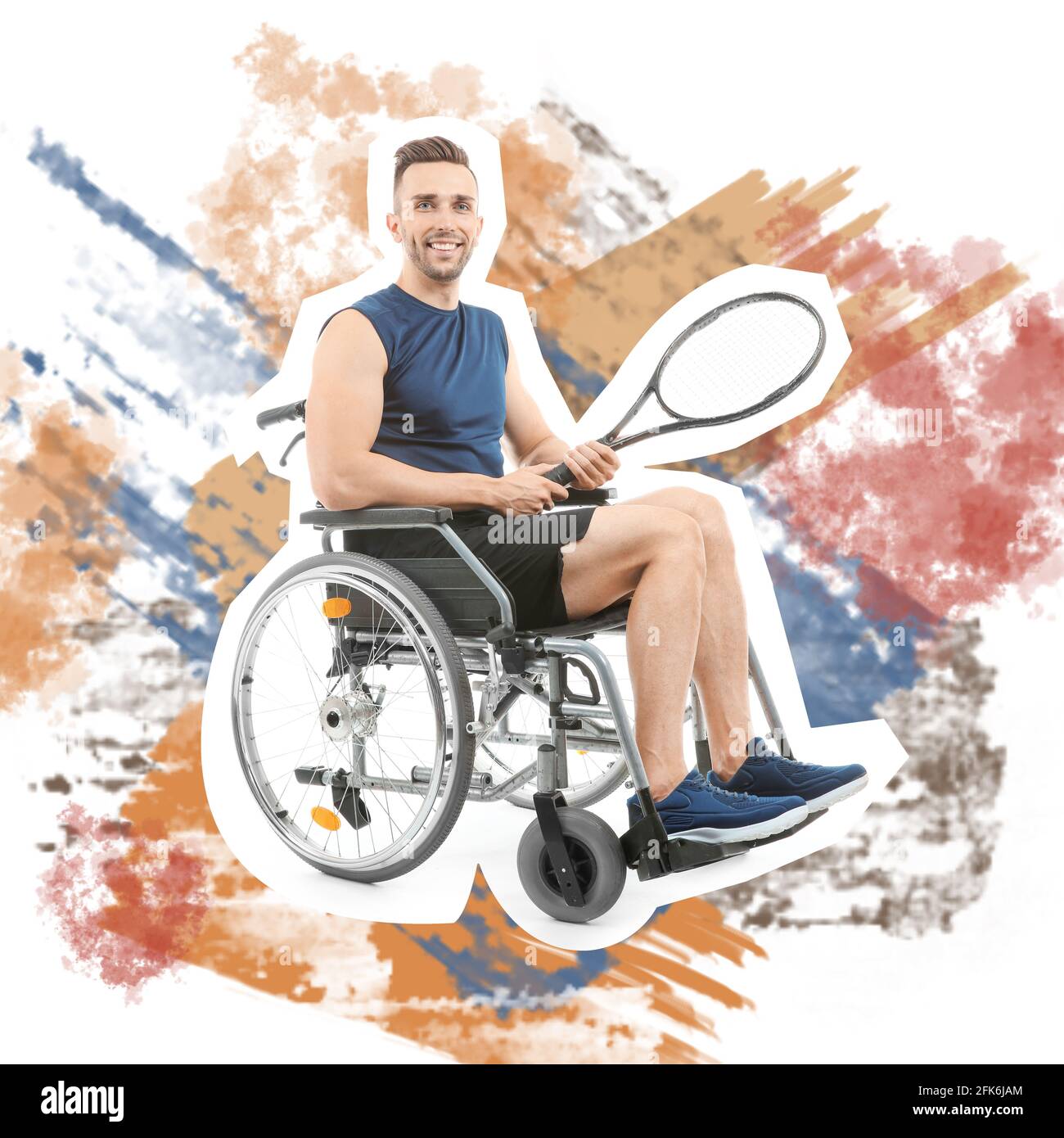 Sporty young man with tennis racket sitting in wheelchair Stock Photo ...