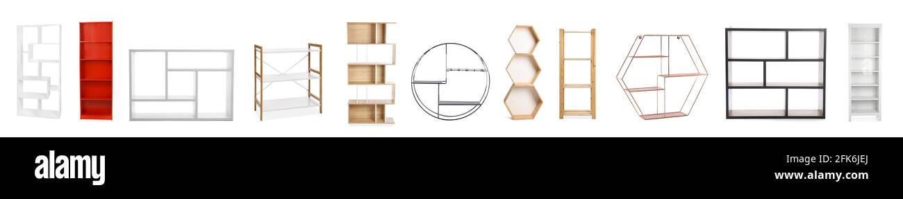 Set of empty shelf units on white background Stock Photo - Alamy