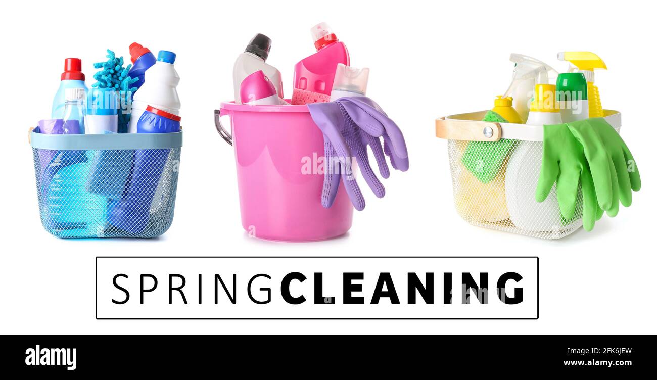 Set of cleaning supplies on white background Stock Photo - Alamy
