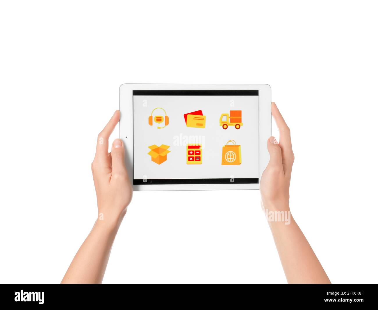 Female hands holding tablet computer with open page of delivery service ...