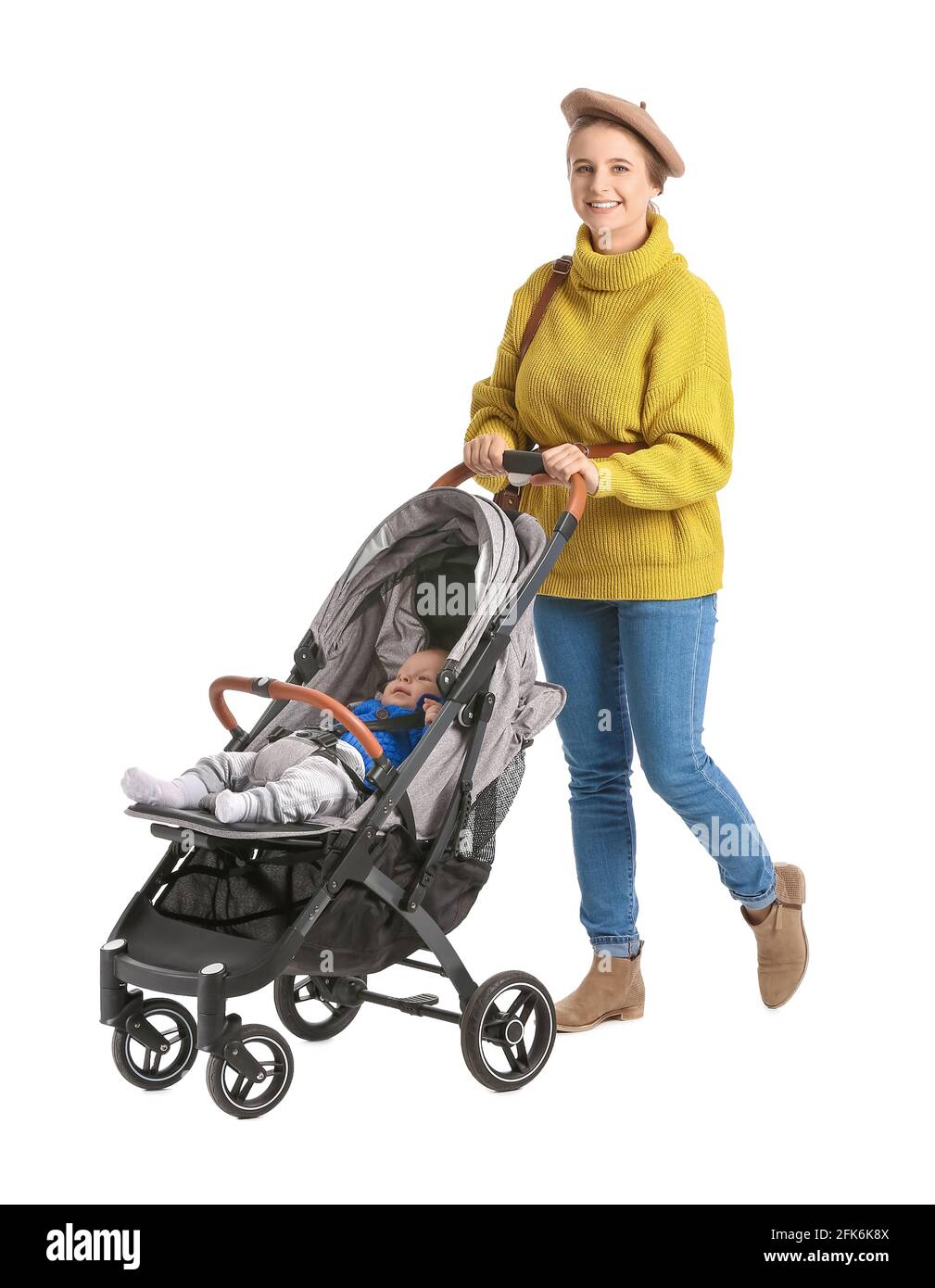 Woman and her cute baby in stroller on white background Stock Photo - Alamy